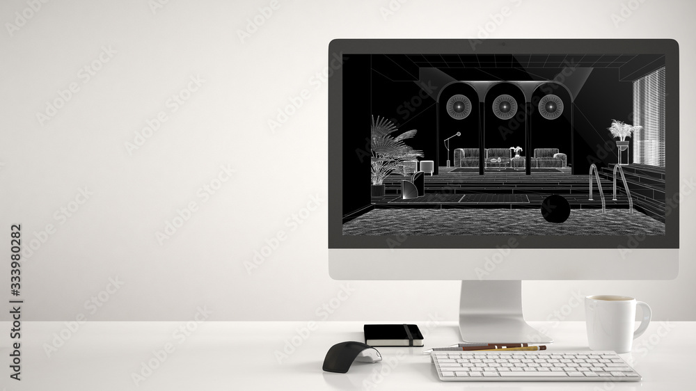 Architect house project concept, desktop computer on white background ...