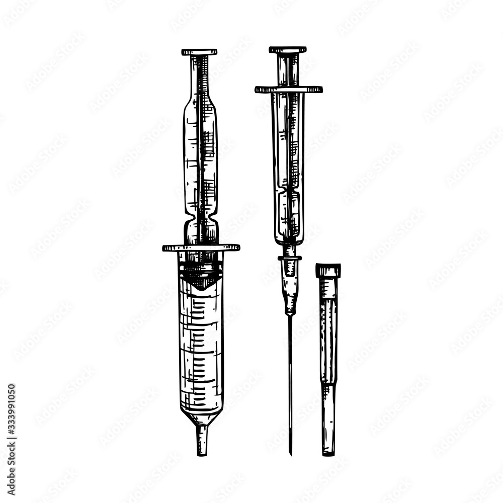 Medicine equipment sketch. Hand drawn medical syringes set. Treatment ...