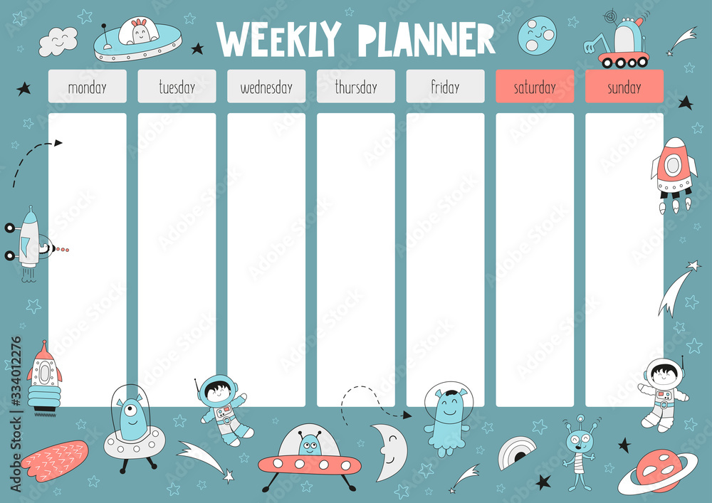 Weekly planner with UFO, astronaut, funny outer space and funny cartoon ...