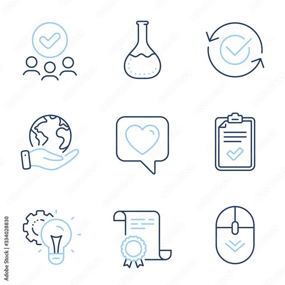 Chemistry lab, Idea gear and Heart line icons set. Diploma certificate ...