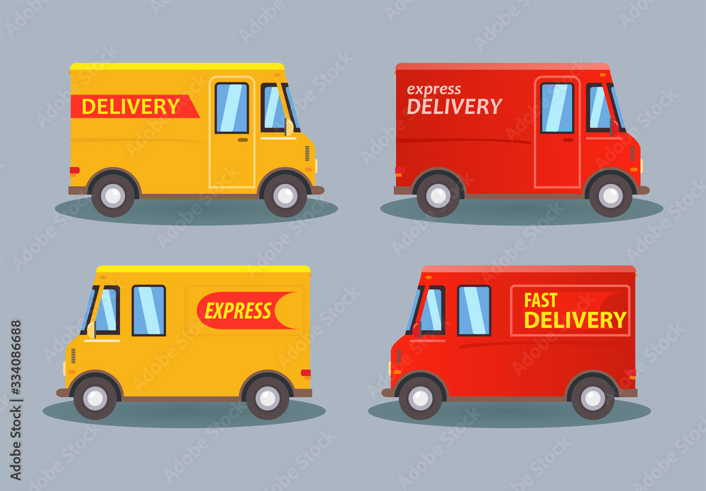 Yellow and red delivery vans. Delivery service concept. Product goods ...