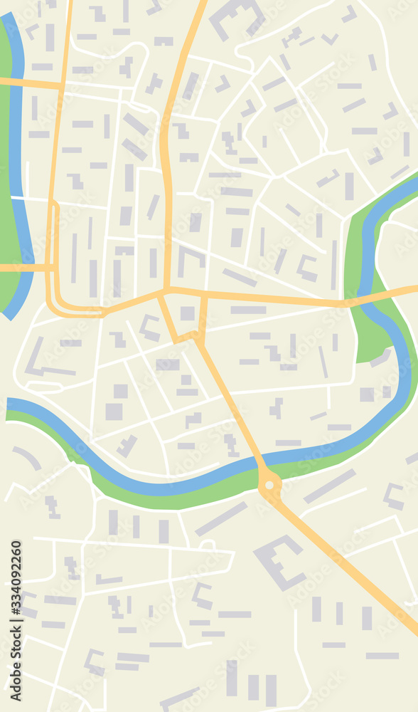 Map city. Graphic plan town with streets, river, bridges, green parks ...