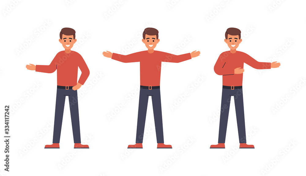 Caucasian handsome man in casual clothes with different hands poses ...
