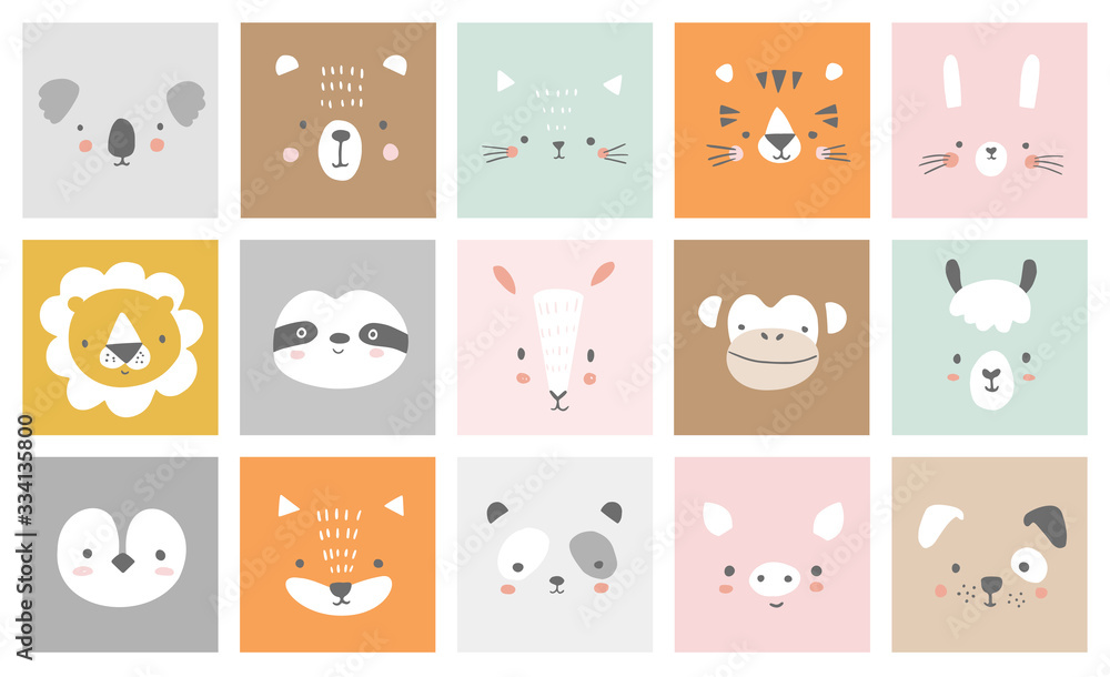 Cute simple animal portraits - hare, tiger, bear, sloth, cat, koala ...