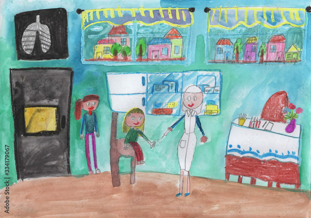 Child's drawing of kids receiving vaccine shot in hand while sitting on ...