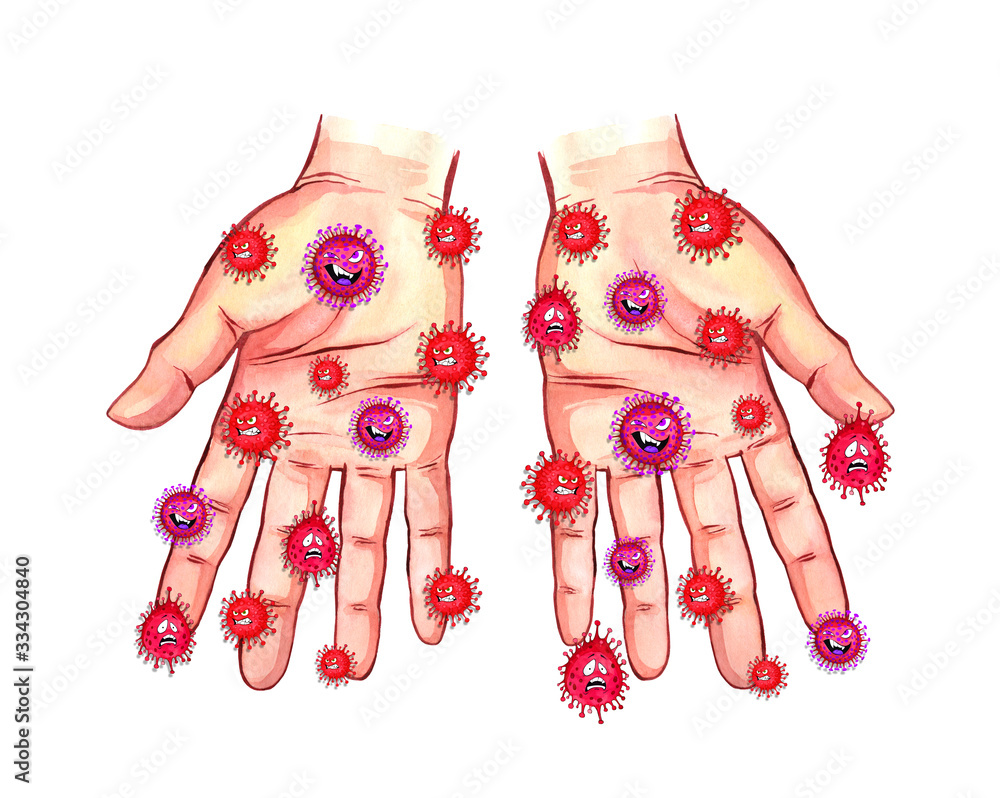 Drawing hands palms up with germs, evil virus molecules, drawing ...