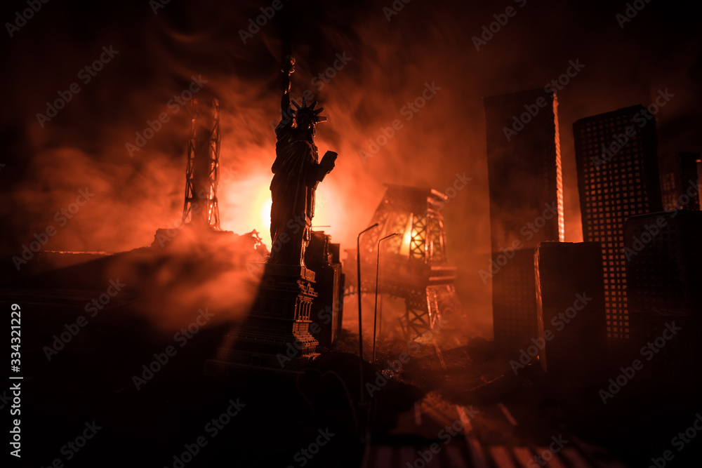 Empty street of burnt up city, flames on the ground and blasts with ...