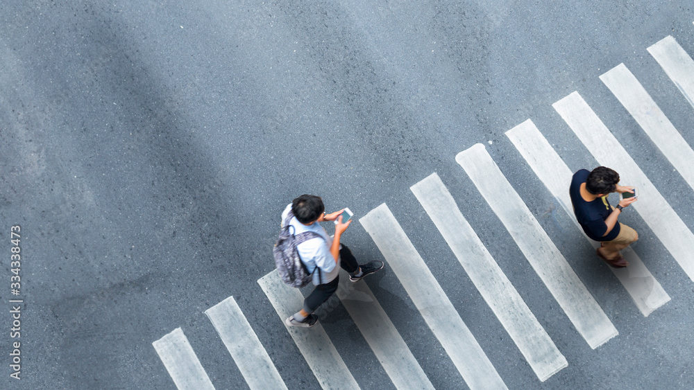 Human life in Social distance. Aerial top view with blur man with ...