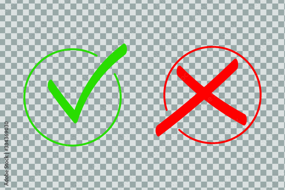 Check mark icon set. Green tick and red cross flat simbol. Check ok ...