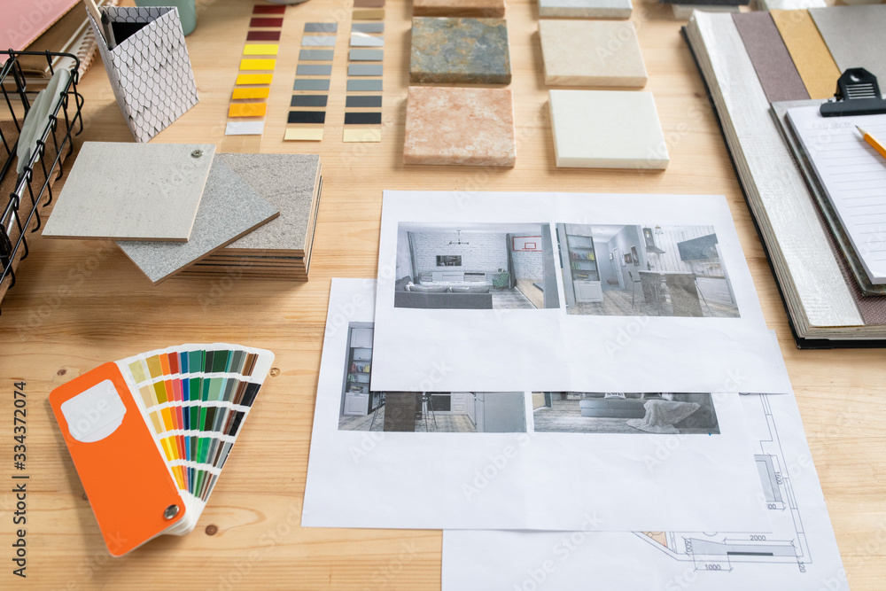 Photos of flat or house interior, samples of panels, color swatches and ...