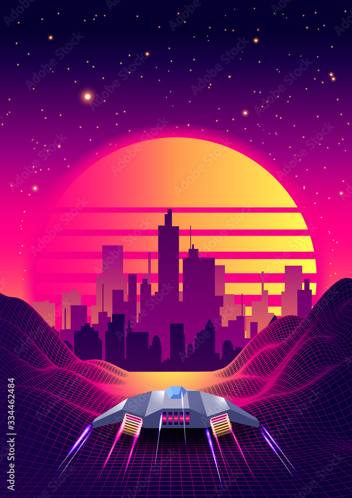 Arcade Space Ship Flying to the Sunset. Retro 80s Fashion Sci-Fi ...