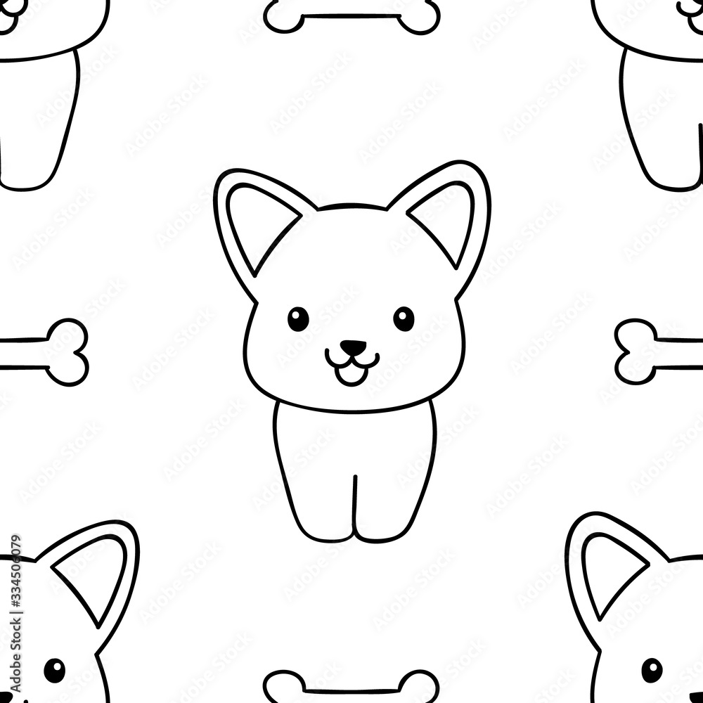 Simple seamless pattern, black and white cute kawaii hand drawn dog ...