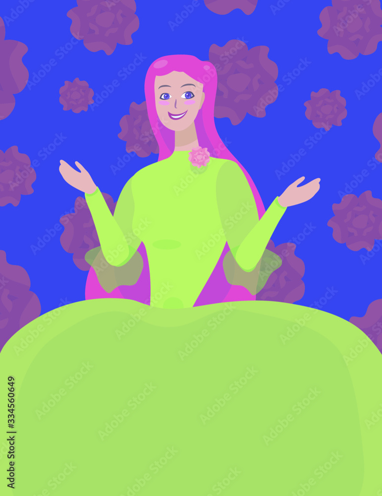 Cute spring cartoon smiling girl in a green dress with pink bright hair ...