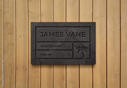 Dark Stone Sign Logo Mockup on Wooden Planks Stock Template | Adobe Stock