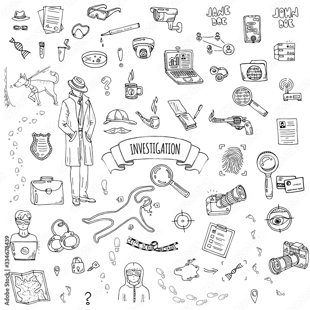 Hand drawn doodle Investigation icons set. Vector illustration ...