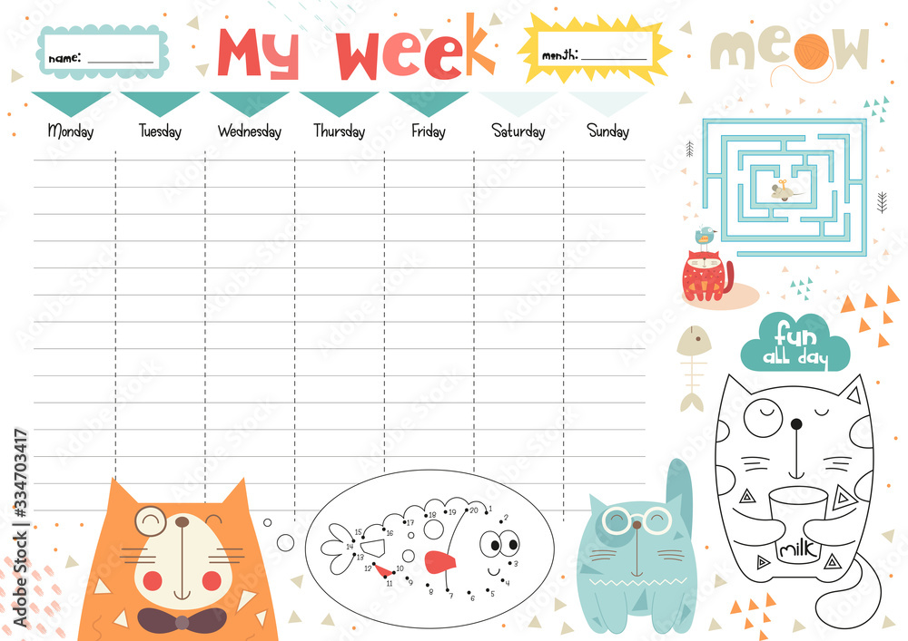 Vektor Weekly planner with cute cats in doodle cartoon style. Included ...