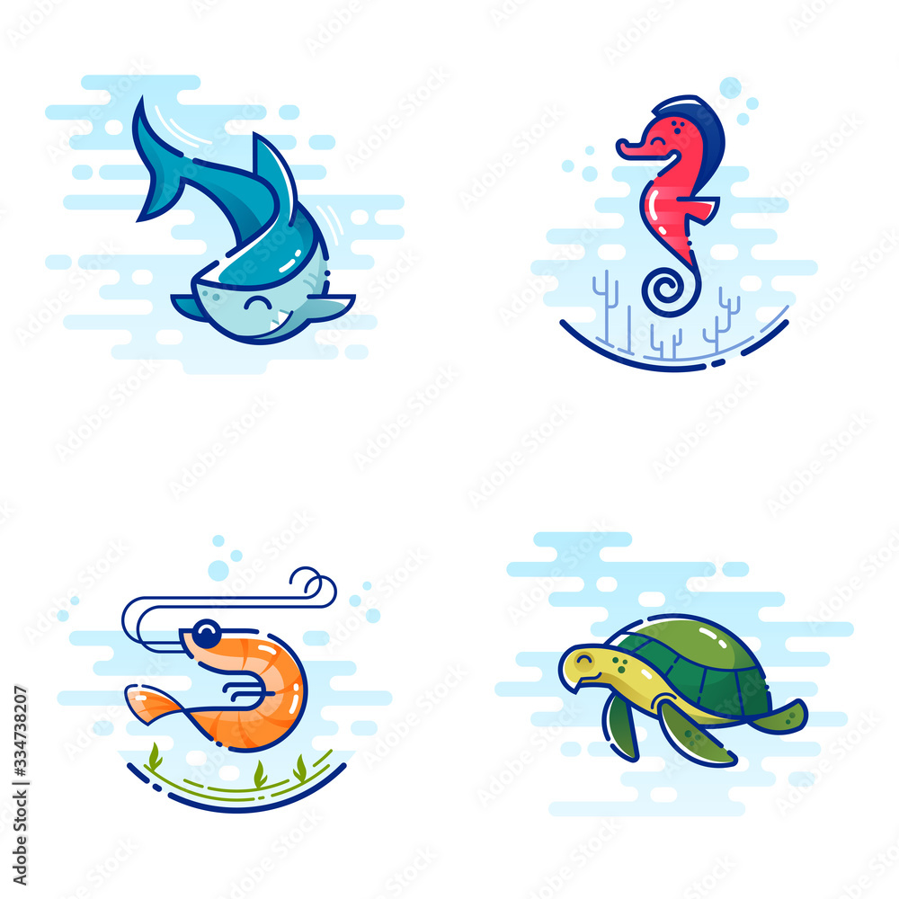Set of four sea creatures, consisting of shark, seahorse, shrimp and ...