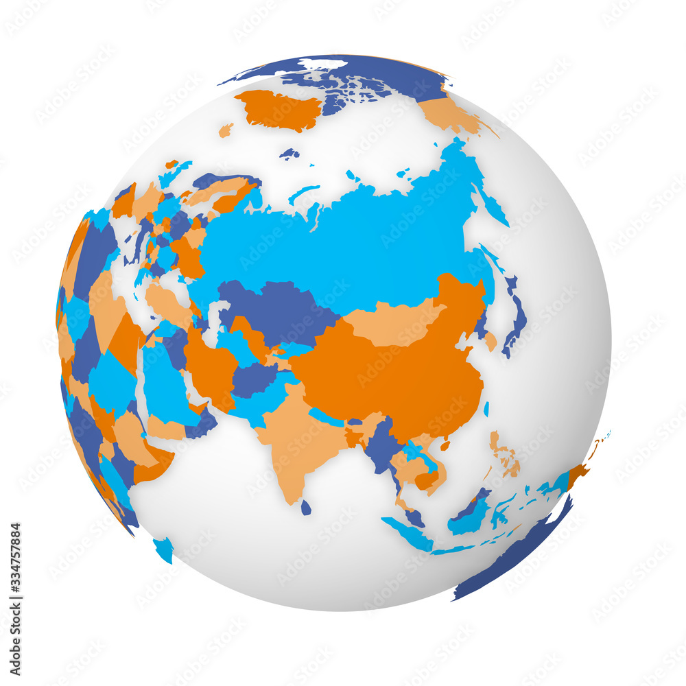 Blank political map of Asia. 3D Earth globe with black outline map ...