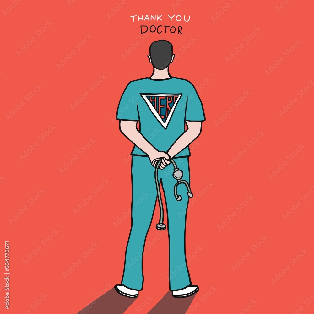 Thank you Doctor, Doctor standing shows hero sign, back view cartoon ...