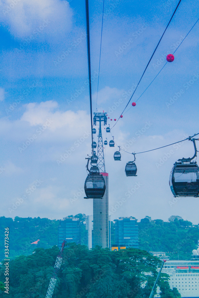 Cable car on Sentosa Island Singapore is over the sea, which is an ...