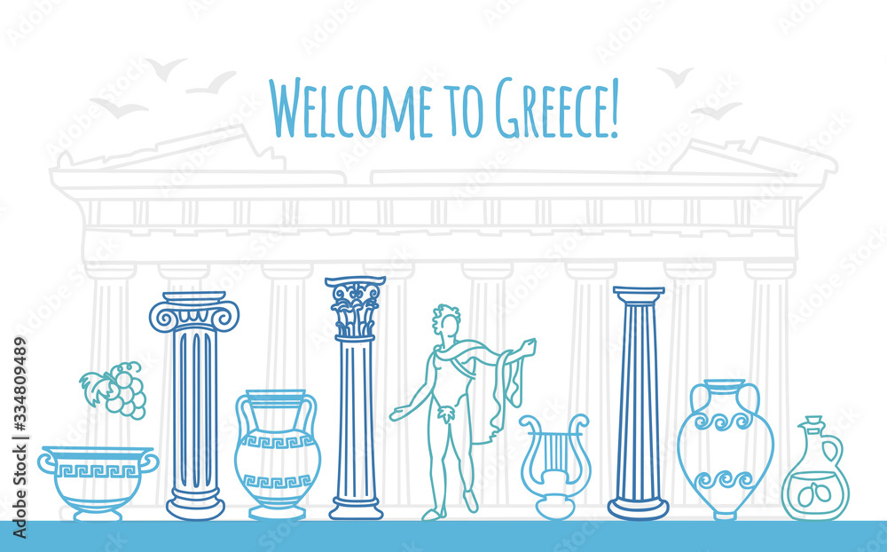 Welcome to Greece. Vector illustration of famous Greek symbols. Antique ...