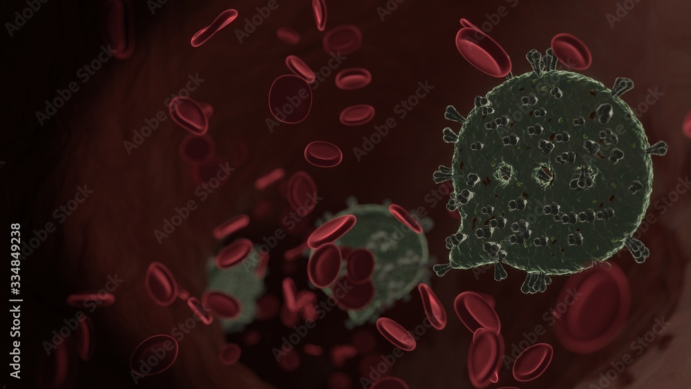 microscopic 3D rendering view of virus shaped as symbol of rounded chat ...