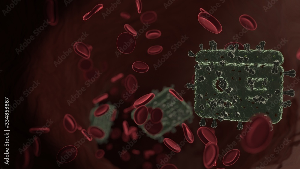 microscopic 3D rendering view of virus shaped as symbol of id card ...