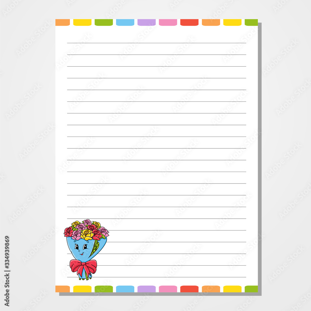 Sheet template for notebook, notepad, diary. Lined paper. Cute ...