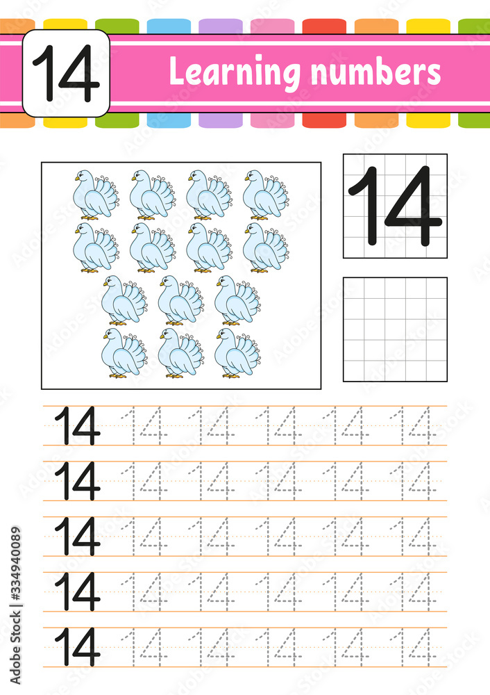 Number 14. Trace and write. Handwriting practice. Learning numbers for ...