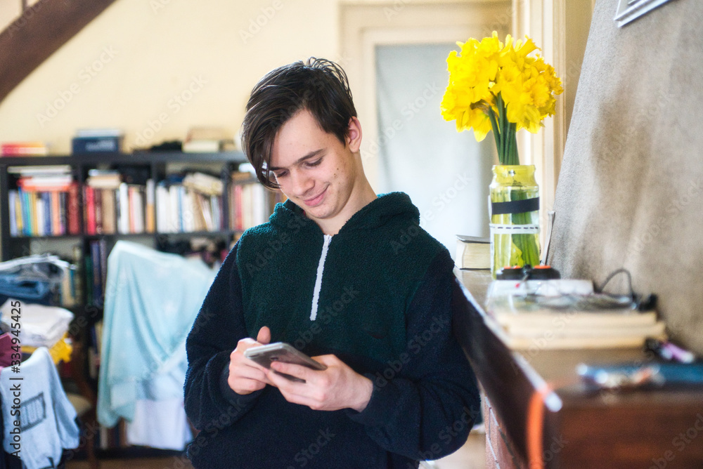 16 year old boy at home with smartphone looks and smiles Stock Photo ...