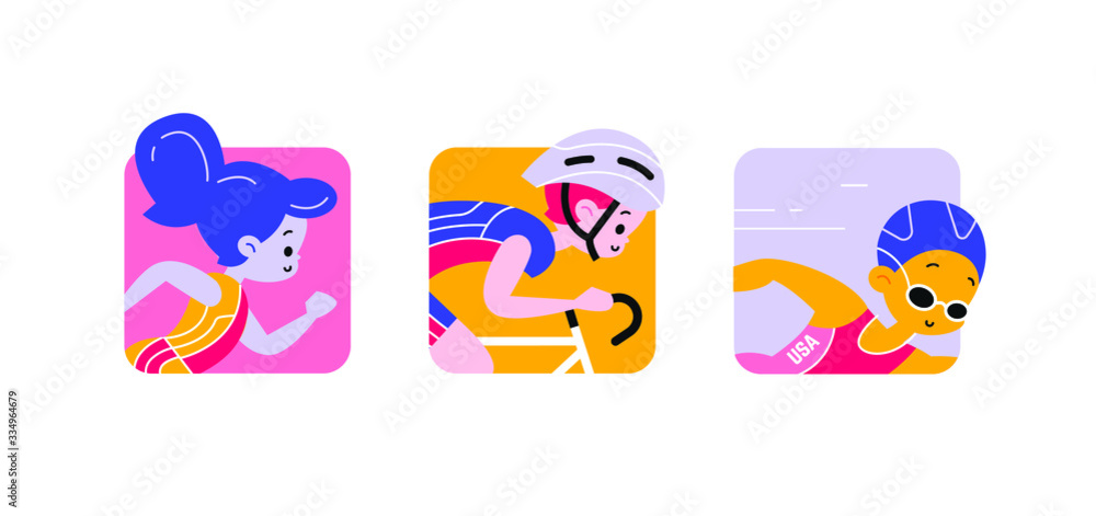 vector cartoon flat style triathlon icon set Stock Vector | Adobe Stock