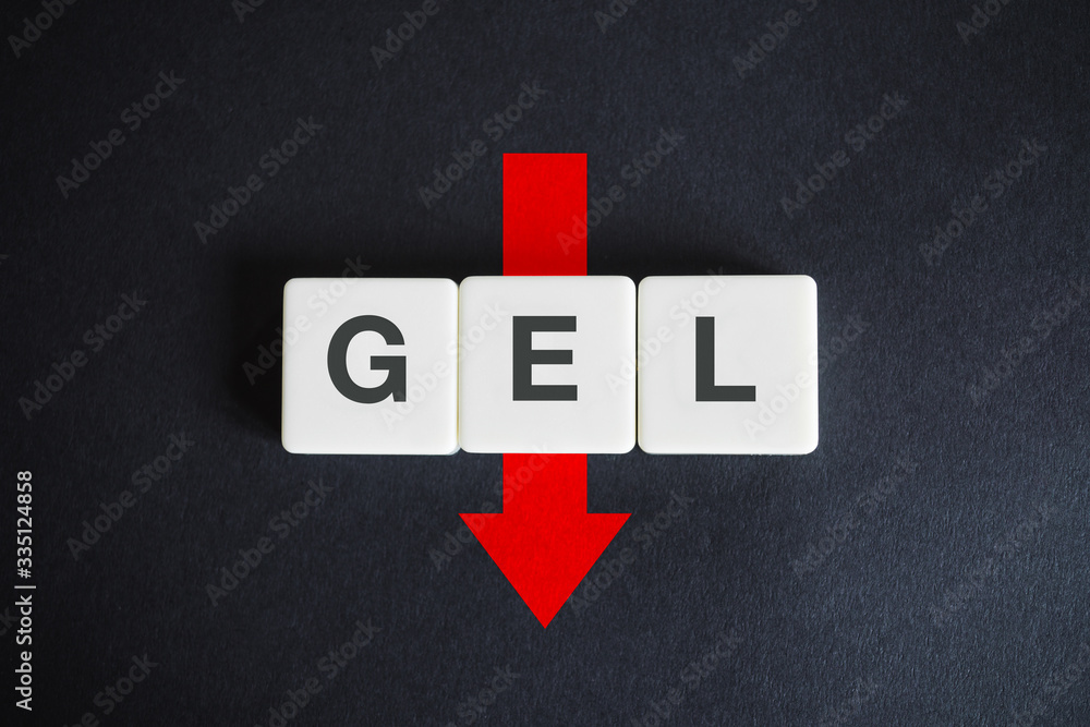 Georgian lari alphabetic currency ISO code (GEL) and down red arrow on ...