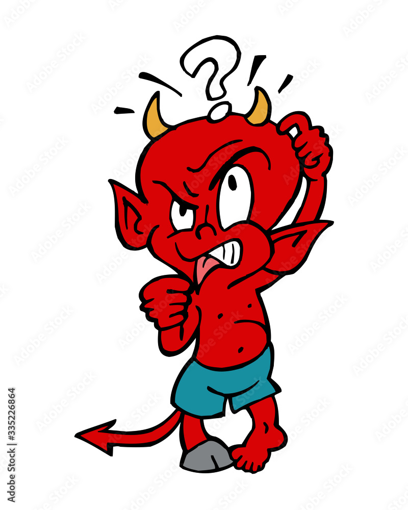 Cute little red devil meditating and scratching his finger on his head ...