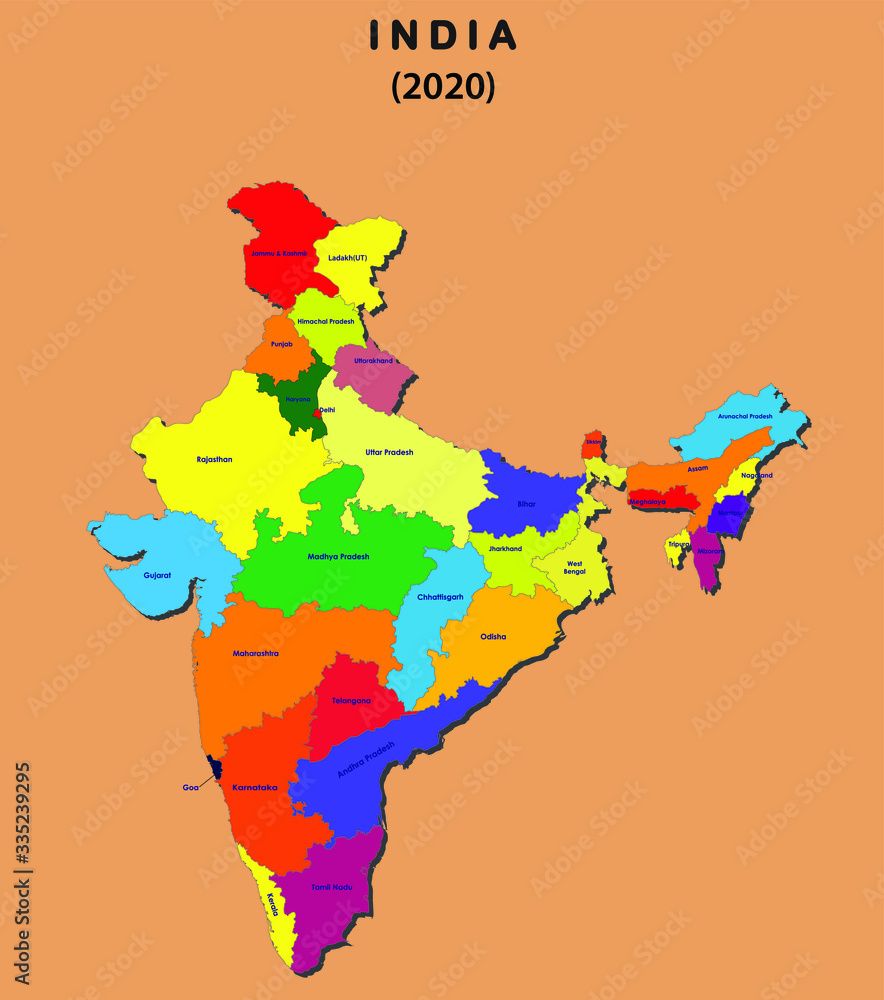 3D map of India. all new states name in India with different colour ...