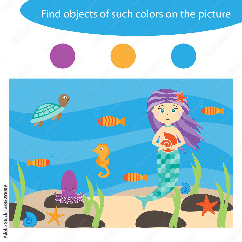 Find objects of same colors, game for children in cartoon style ...