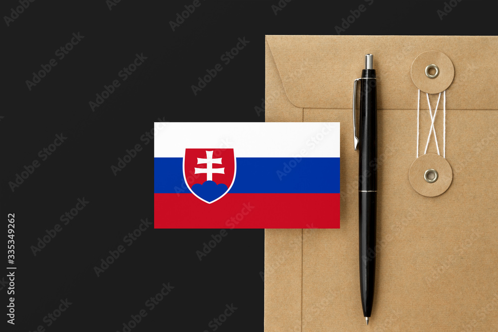 Slovakia flag on craft envelope letter and black pen background ...