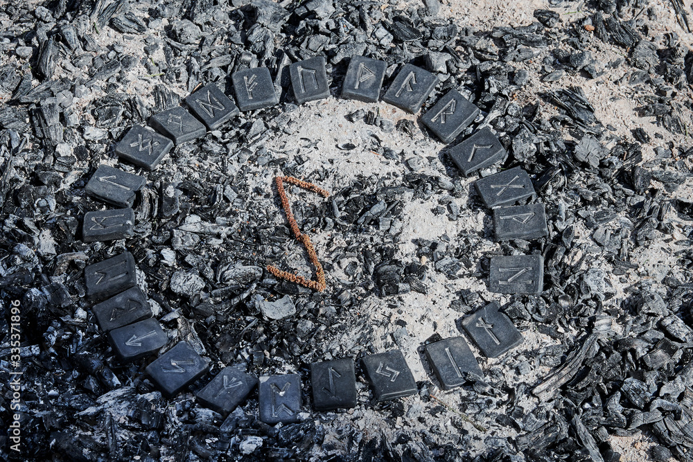 Norse rune Eihwaz on ashes backgorund inside the circle of 24 Norse ...