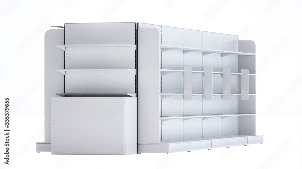 3D image side view of grocery shelves. Also it has shelf stoppers, big ...