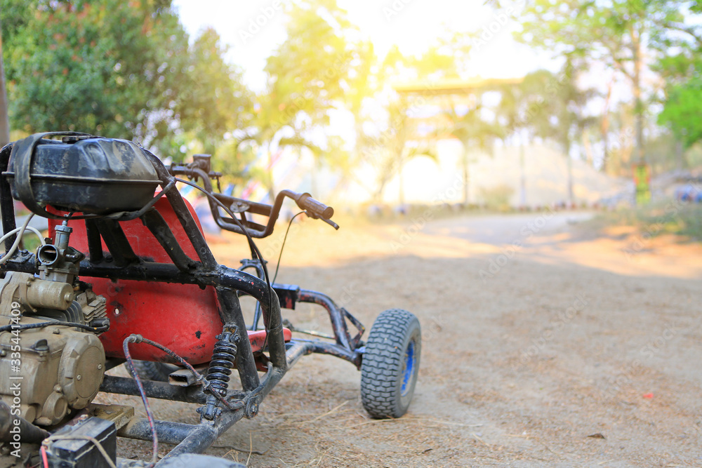 Old go-kart waiting for driver to drive in the track outdoor. Stock ...