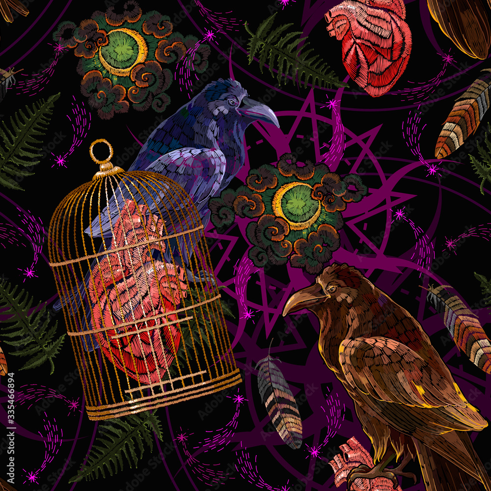 Occult and esoteric seamless pattern. Raven, anatomical heart,golden ...
