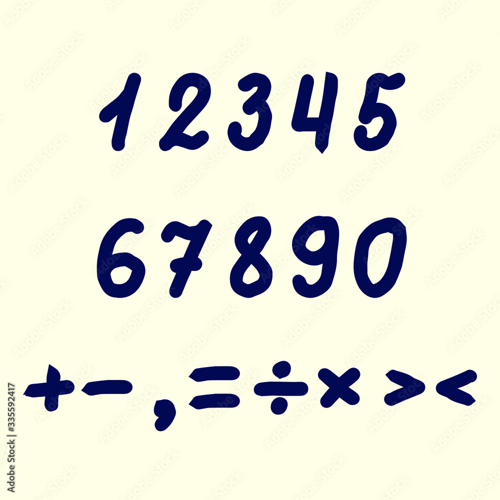 Handwritten numbers and mathematical symbols are isolated on a light ...