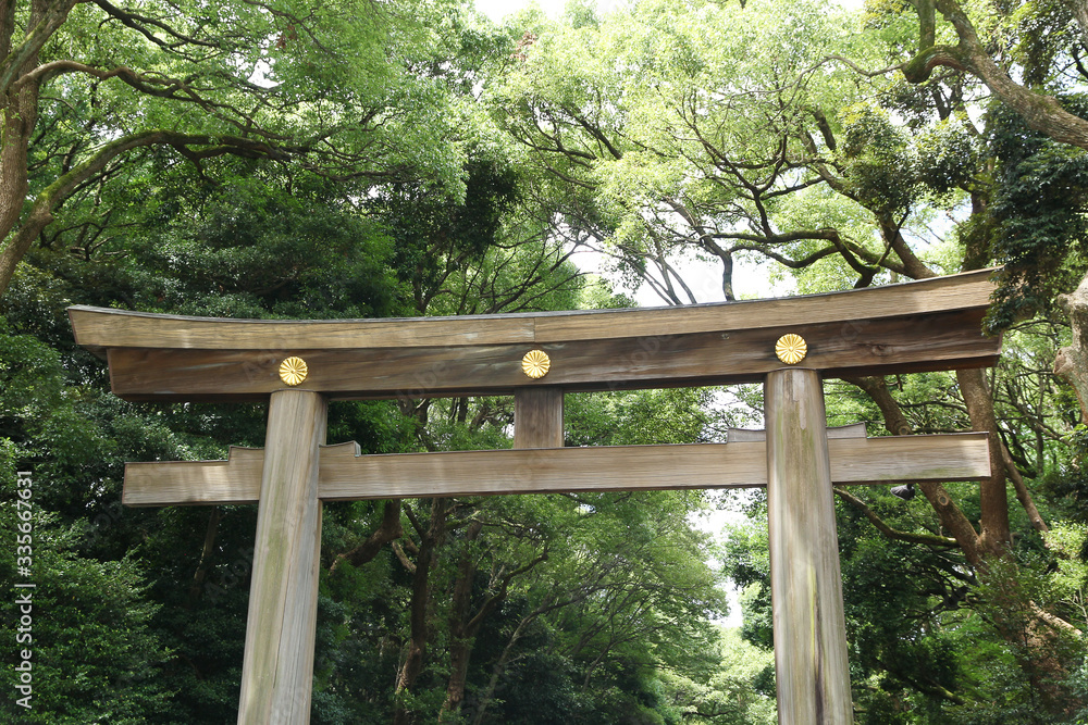 Japanese torii gate - entrance to the Meiji Jingu shrine in Tokyo - one ...