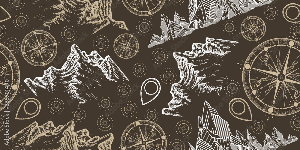 Mountains, compass, map pointer, tourist. Seamless pattern. Packing old ...