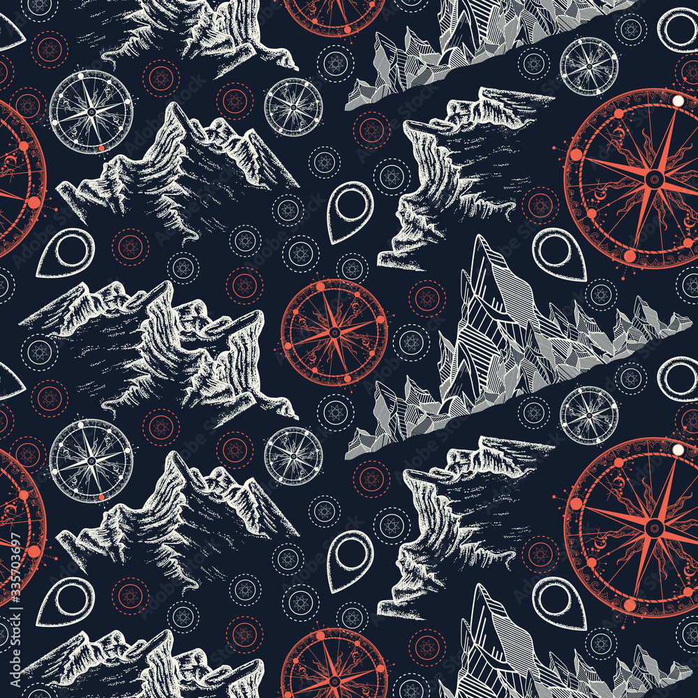 Image vectorielle Stock Mountains, compass, map pointer, tourist ...