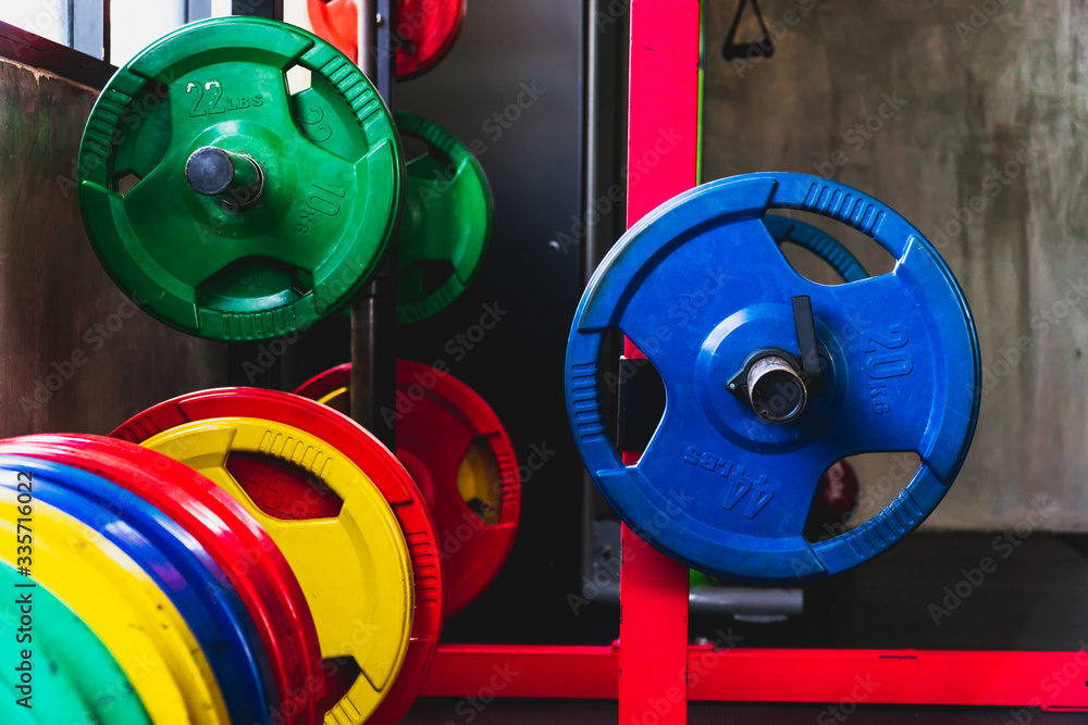 Various sizes of weight plates from 5 kg to 25 kg and a variety of ...