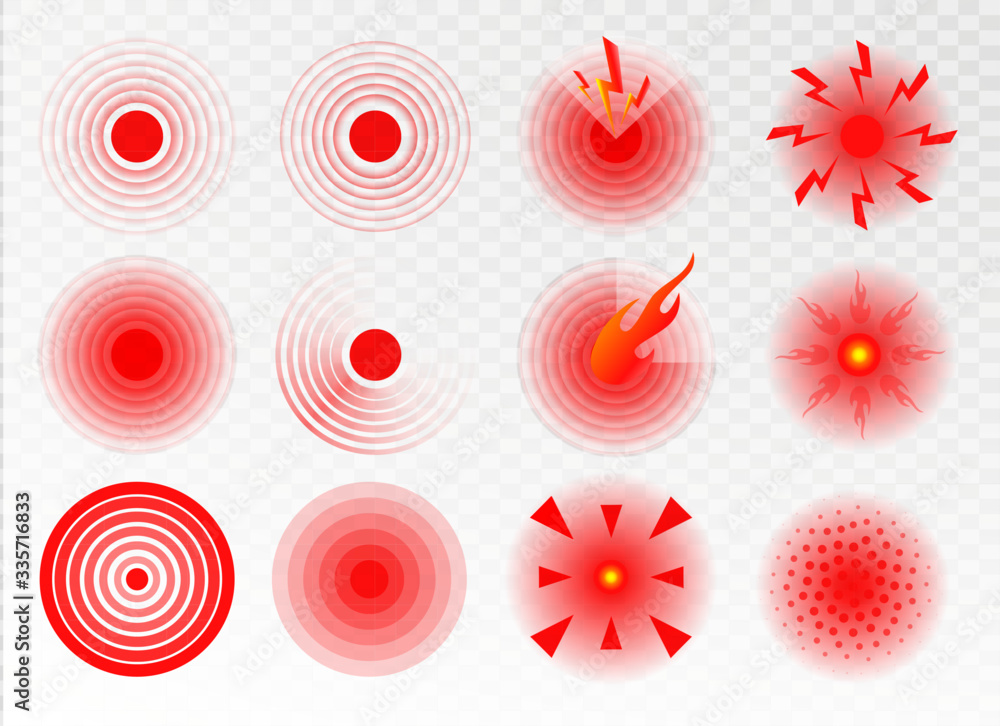 Pain localization mark, set of abstract symbols of pain. Red circles ...