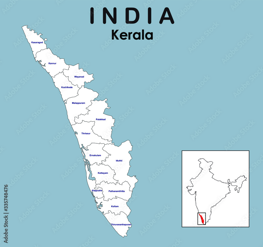 Kerala map. vector illustration of district map of Kerala in white ...