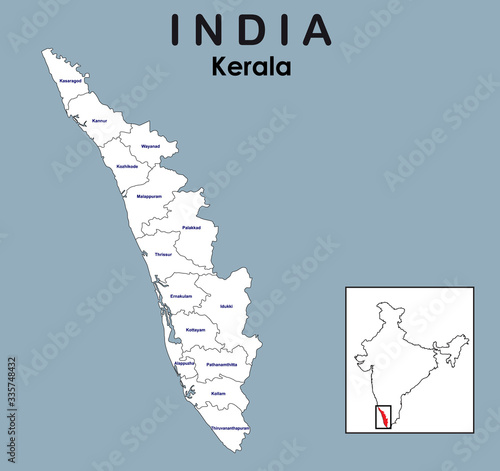 Kerala map. vector illustration of district map of Kerala in white ...