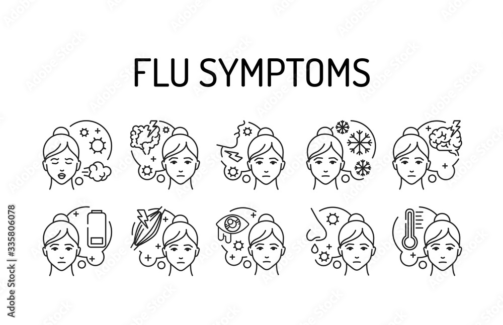 Flu symptoms black line icons set. Viral diseases, colds. Pictogram for ...