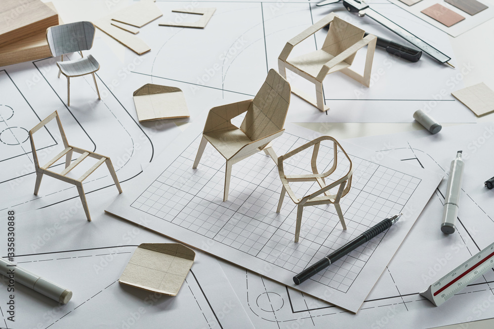 Designer sketching drawing design development product plan draft chair ...